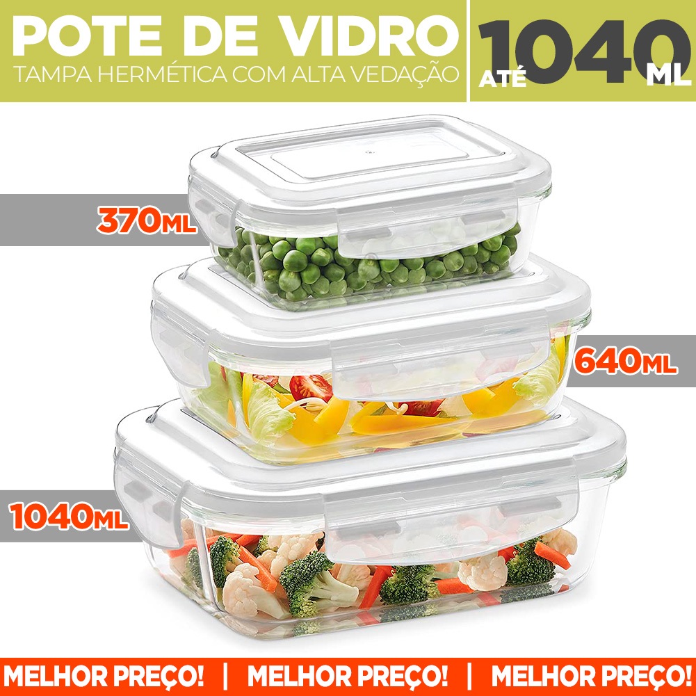 Pote de Vidro Retangular Hermético Capacidade 370ml / 640ml / 1040ml Vai ao Forno Freezer ...