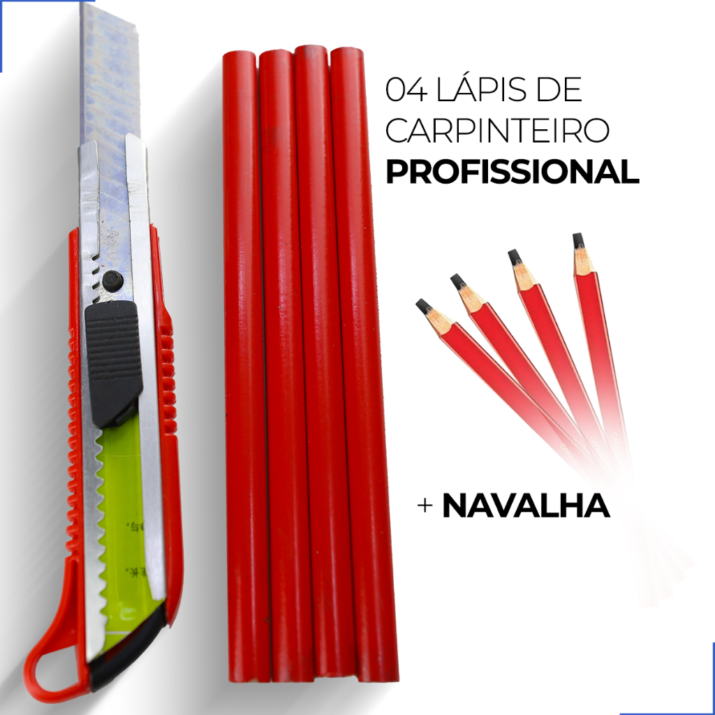 KIT MARCENEIRO COM ESTILETE e LÂMINA, E 4 LÁPIS DE PEDREIRO | Shopee Brasil