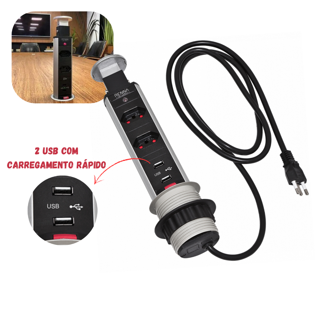 Torre De Tomada Multiplug USB Retratil Embutir Mesa Ou Bancada | Shopee ...