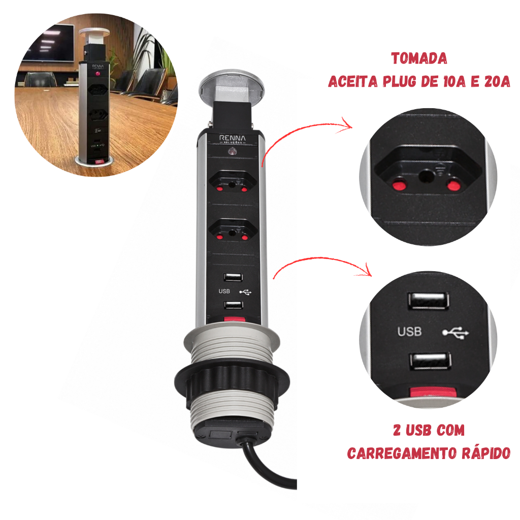 Torre De Tomada e USB Retratil Multiplug Embutir Mesa Granito Inox ...