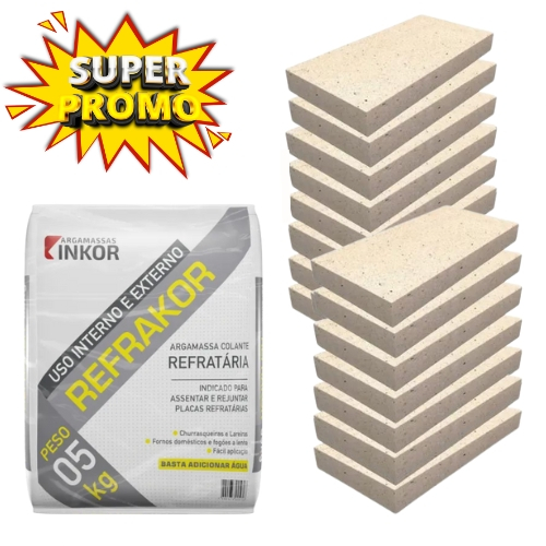 Kit 15 tijolo placa plaqueta refratario lisa fina + 1 Massa Refrataria ...
