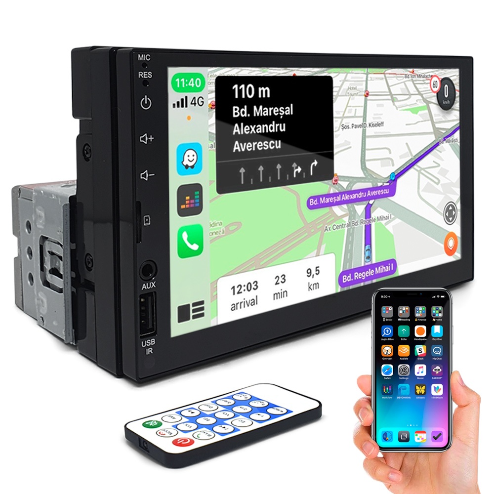 Central Mutltimídia 7 Polegadas 1 Din Bluetooth Espelhamento Carplay Android Auto USB Tela Touch ...