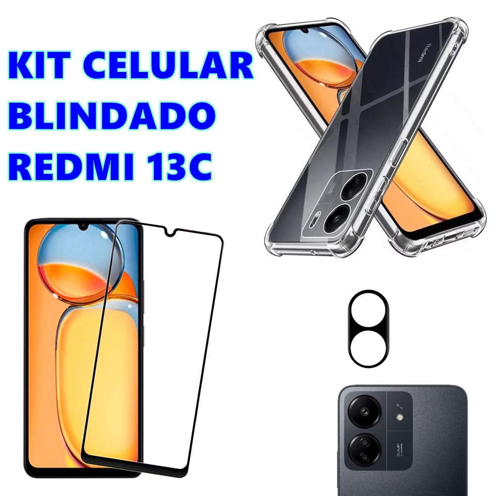 Kit Blindado Celular Redmi 13C Capa Anti Impacto + Película 3D Xiaomi + Película Para Câmera ...