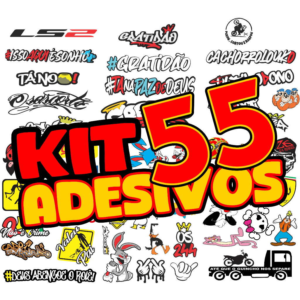 KIT 55 Adesivos Stickers Cartelas Figurinhas Versão 3 para Moto Bike Carro Moto Capacete ...