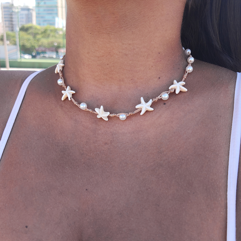 Colar choker de estrelas e pérolas praiano feminino artesanal ajustável ...