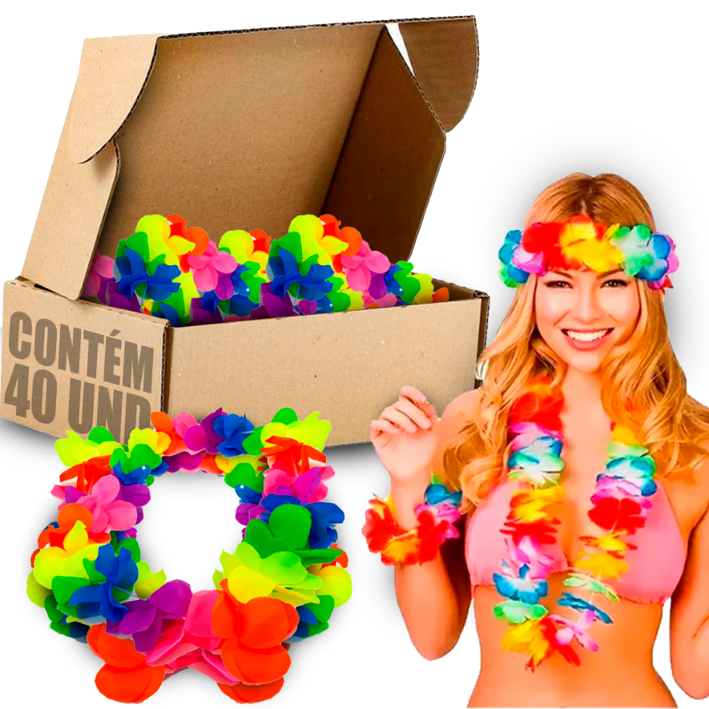Kit 40 Colar Colares Havaiano Colorido Plástico 24 Flores Cordão ...