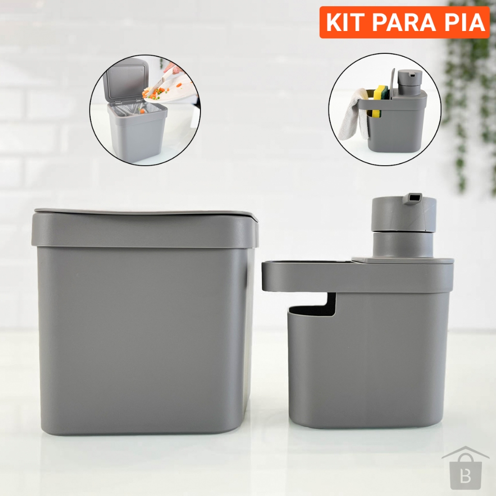 Kit Pia Cozinha Porta Detergente Esponja + Lixeira de Pia 2,5L Organizador Cozinha OU | Shopee ...