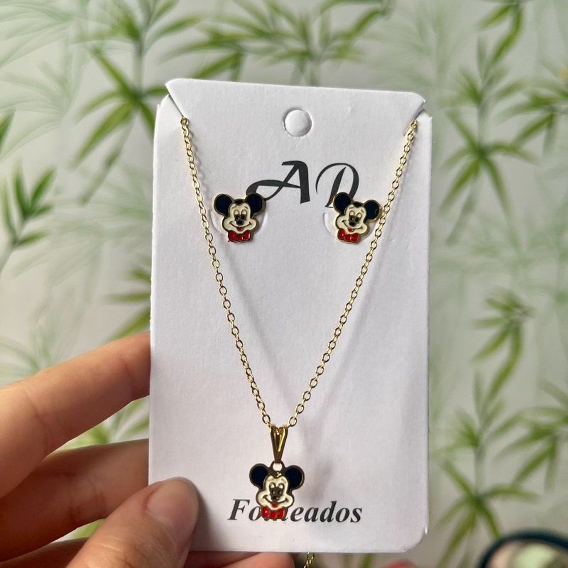 Colar e Brinco Infantil Mickey Mouse Disney Folheado A Ouro | Shopee Brasil