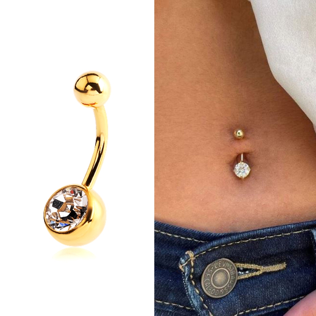 Piercing de Umbigo Cristal Dourado Curvo Aço Cirúrgico Delicado ...