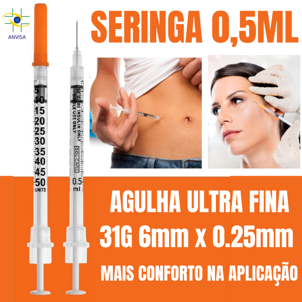 Seringa Para Insulina 0,50 UI 31G 6mm x 0.25mm Cx/100 Uni. | Shopee Brasil