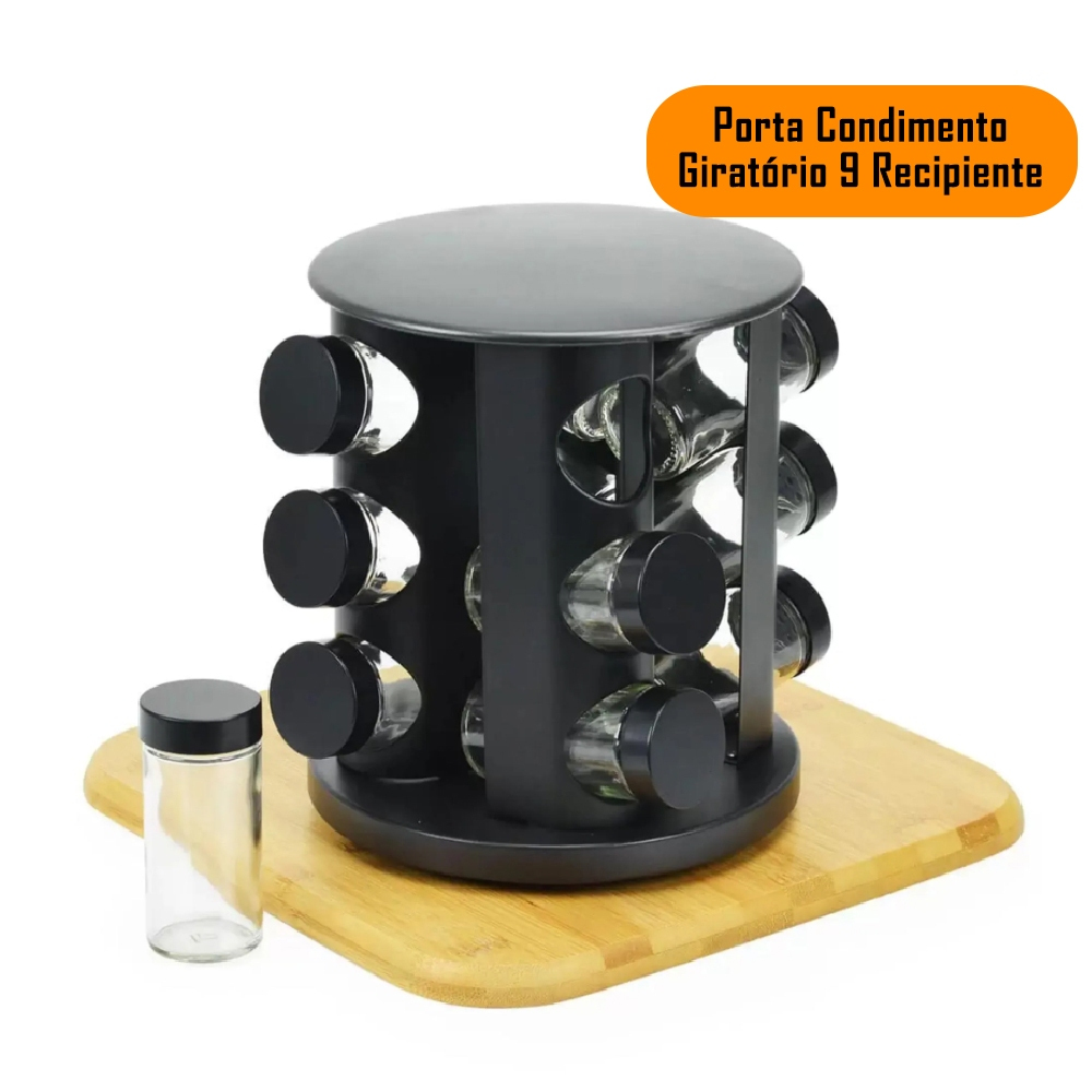 Porta Temperos Giratório 9 Potes Vidro Tampa Dosadora Preto Condimento ...