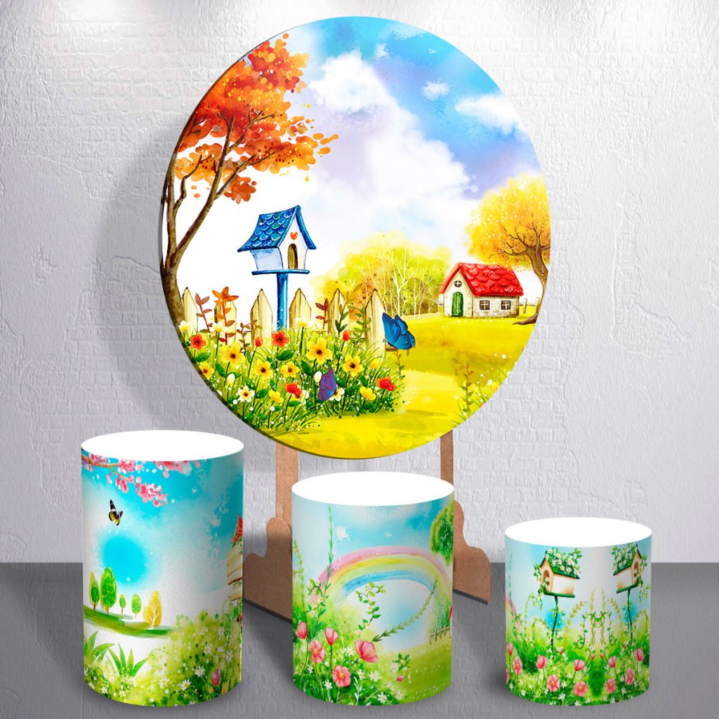 Kit de Festa Decoração Painel Redondo Jardim Encantado + Trio Cilindro ...