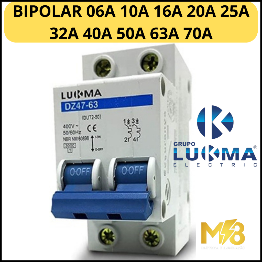 Disjuntor Bipolar Duplo Bifasico 2 Polos Din 10a 16a 20a 32a 40a 50a 63a Curva C Inmetro - Lukma ...