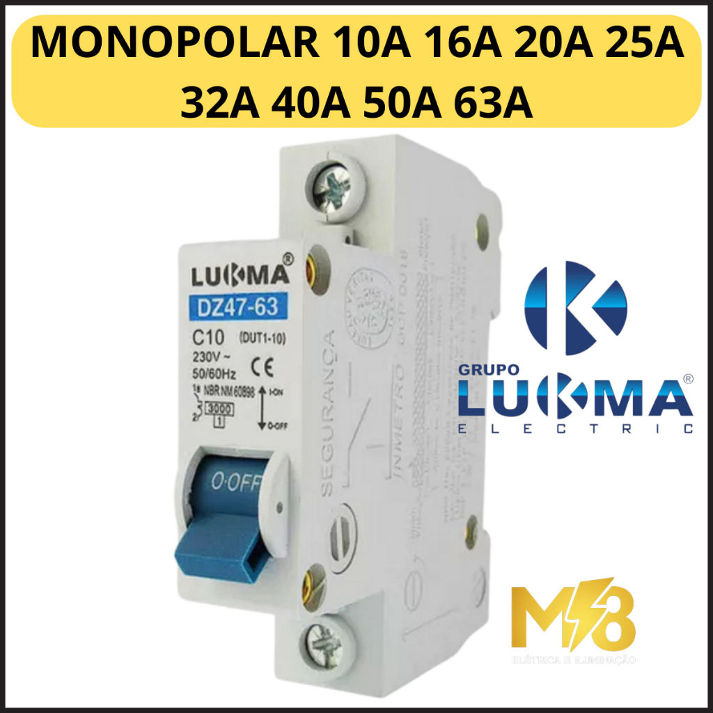 Disjuntor Din Monopolar Unipolar Mono 10A, 25A, 32A, 40A, 50A, 63A, Curva C - Lukma | Shopee Brasil