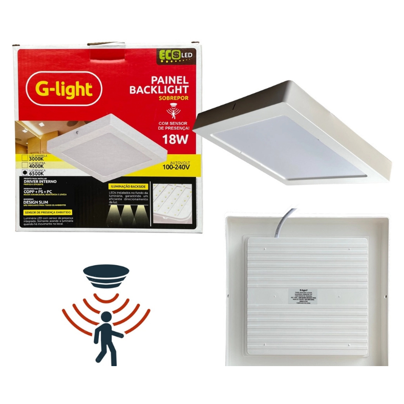 Painel LED Plafon Backlight G-Light EcoLED Quadrado sobrepor 18W 6500K Autovolt com Sensor de ...