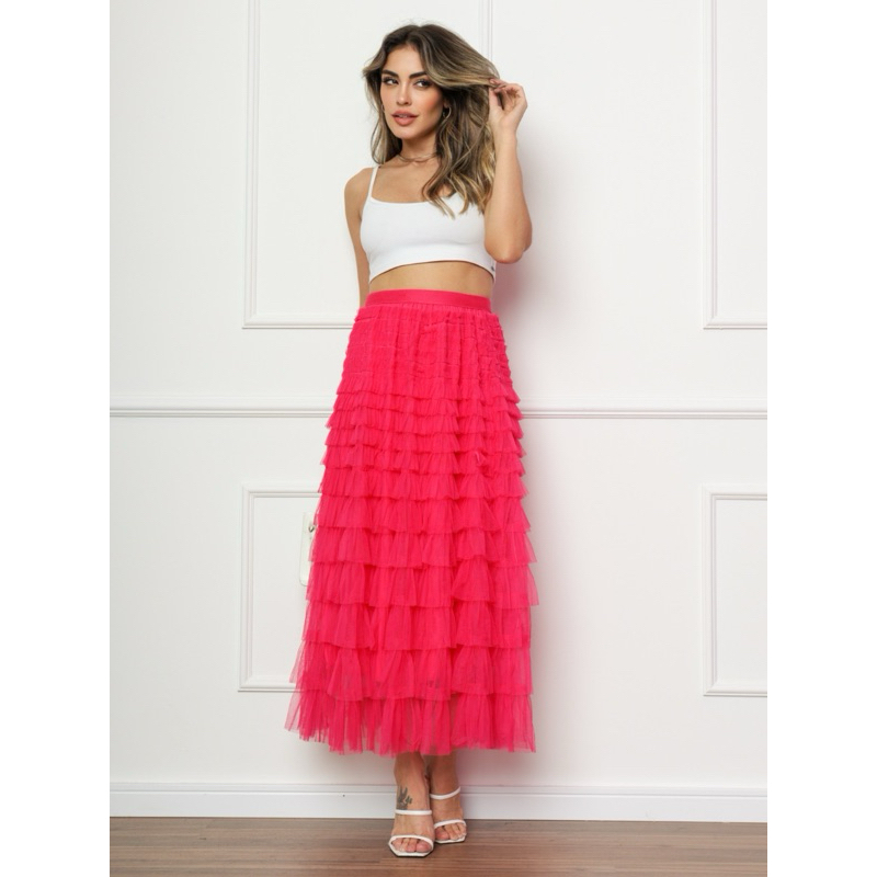 Saia de Tule Moda Feminina Midi Comprida Longa Elegante e Elastica Saia ...