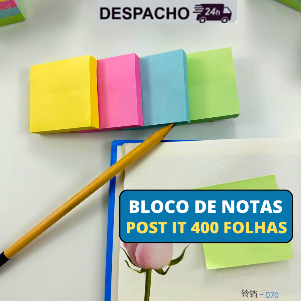 Bloco de Notas Adesivo Post it 400 Folhas 50x50mm ou 76x76mm Colorido ...