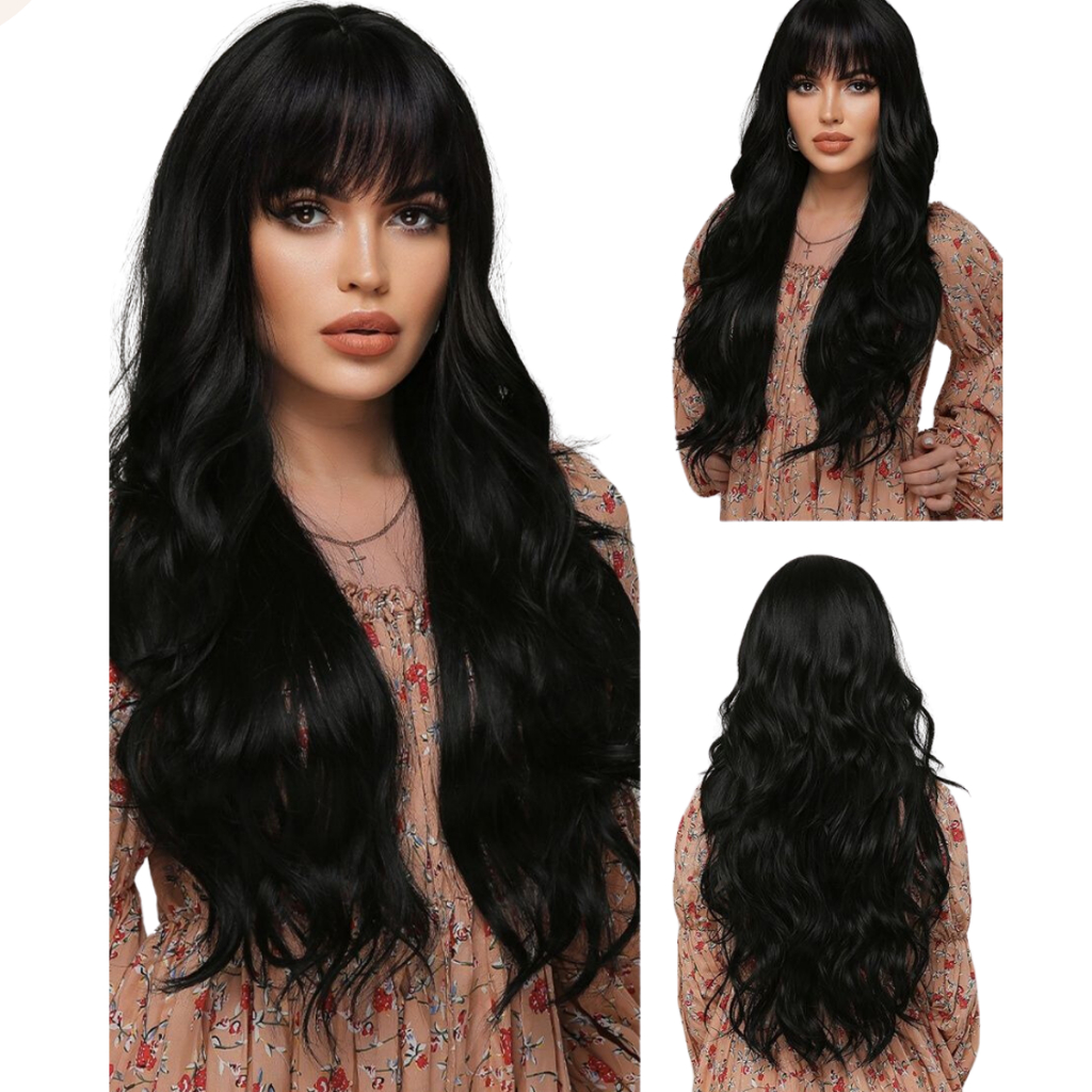 Peruca Lace Wig Longa Lisa Ondulada Com Franja Preta Fibra 70cm ...
