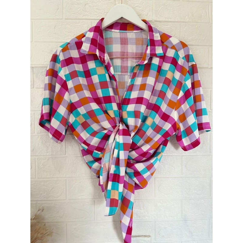 Camisa xadrez oversized manga curta estilosa xadrez colorido camisa ...