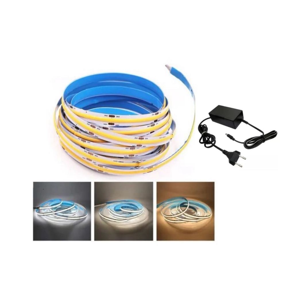 Fita Led Cob Com Fonte 5amper 3000k 4000K 6000K 5mts 8mm 320leds/m 12v Ip20 | Shopee Brasil