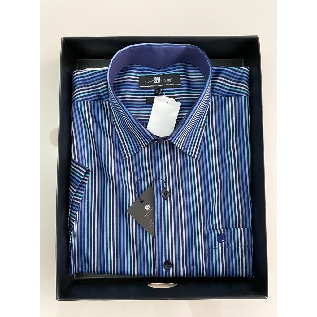 Camisa Social Masculina Mount Vernon Ref 2000410* Manga Curta Listrado Marinho Extra Cotton ...
