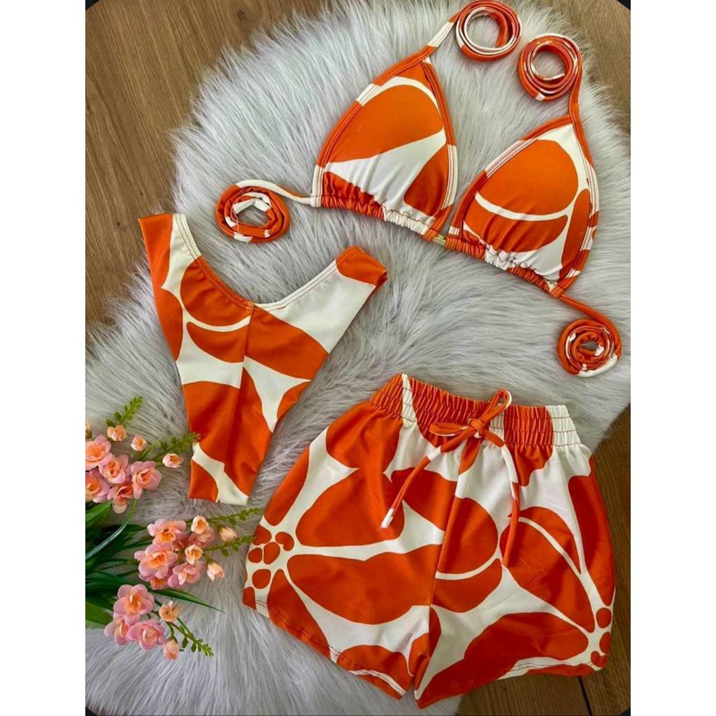 conjunto de biquini com shorts kit com 3 peças - Escorrega o Preço