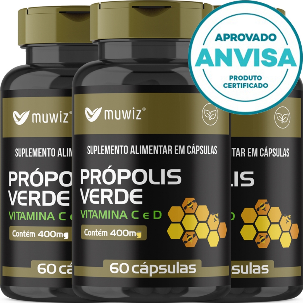 KIT 3x Própolis Verde + Vitamina C e D - 60 Cápsulas 400mg - Muwiz ...