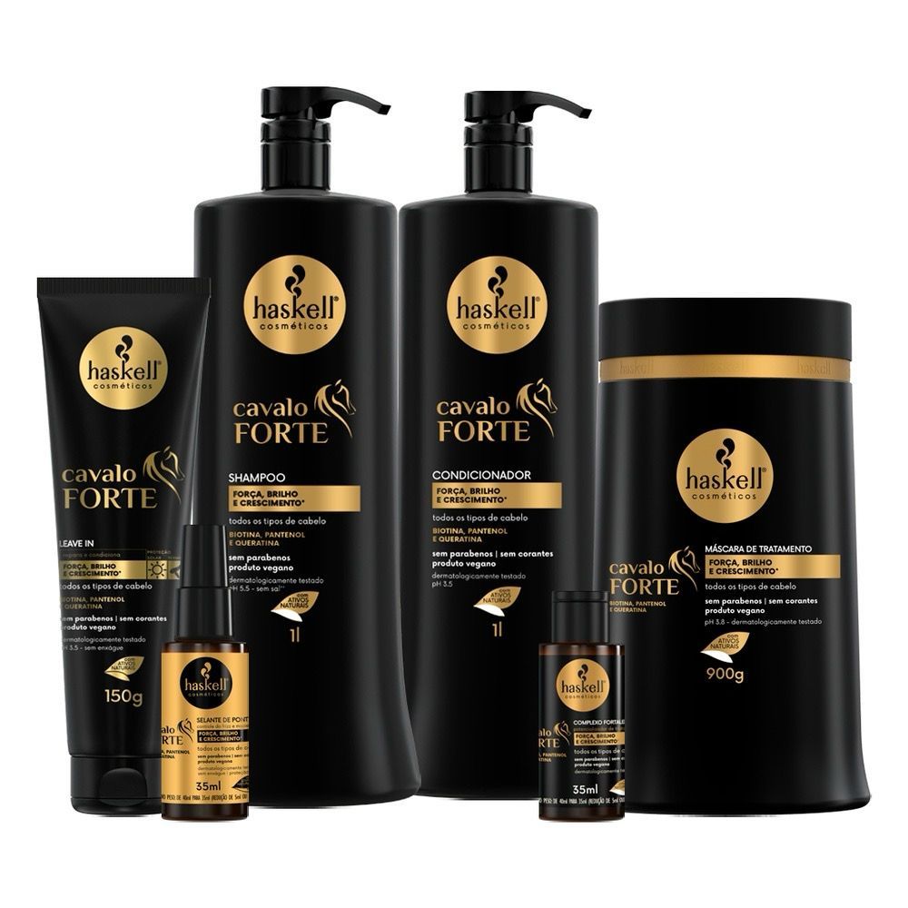 Kit Haskell Cavalo Forte Shampoo 1L Condicionador 1L Mascara 900g Leavein 150ml complexo 35ml e ...