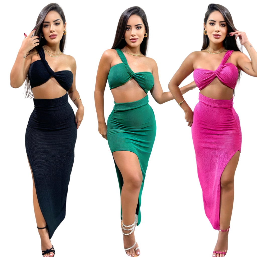 Conjunto Feminino Cropped e Saia Midi Com Fenda Canelado Com Bojo Blogueira Top curto colado ...
