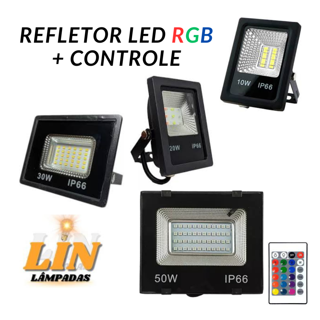 Refletor Holofote Led Rgb Com Controle Colorido 10w 20w 30w 50w 100w ip66 | Shopee Brasil