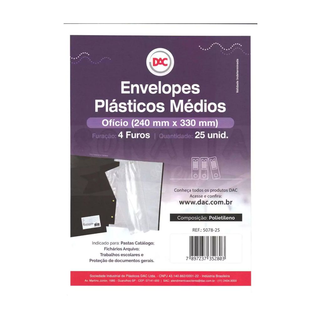 Envelope Plástico Médio Ofício 240mm x 330mm 4 Furos com 25 Unidades ...