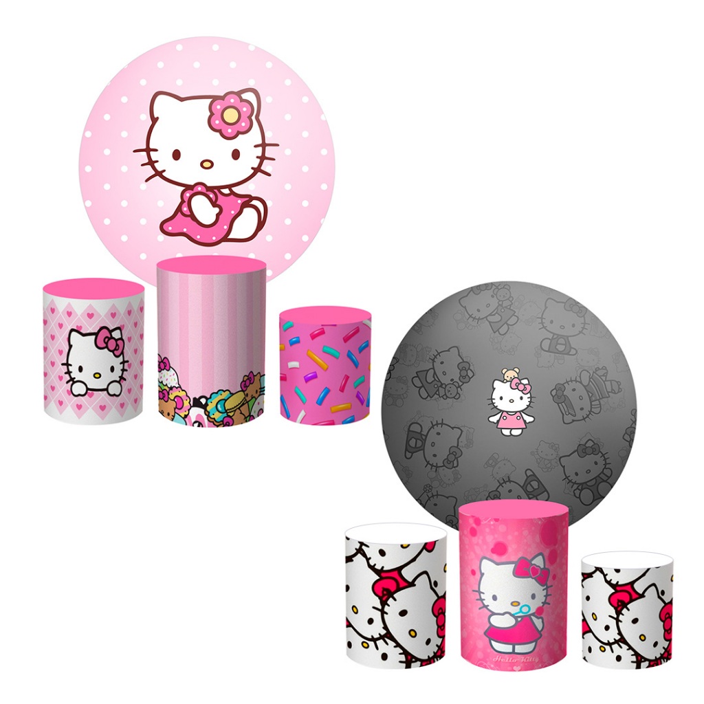 Kit de Festa Decoração Painel Redondo Hello Kitty + Trio Cilindro de ...