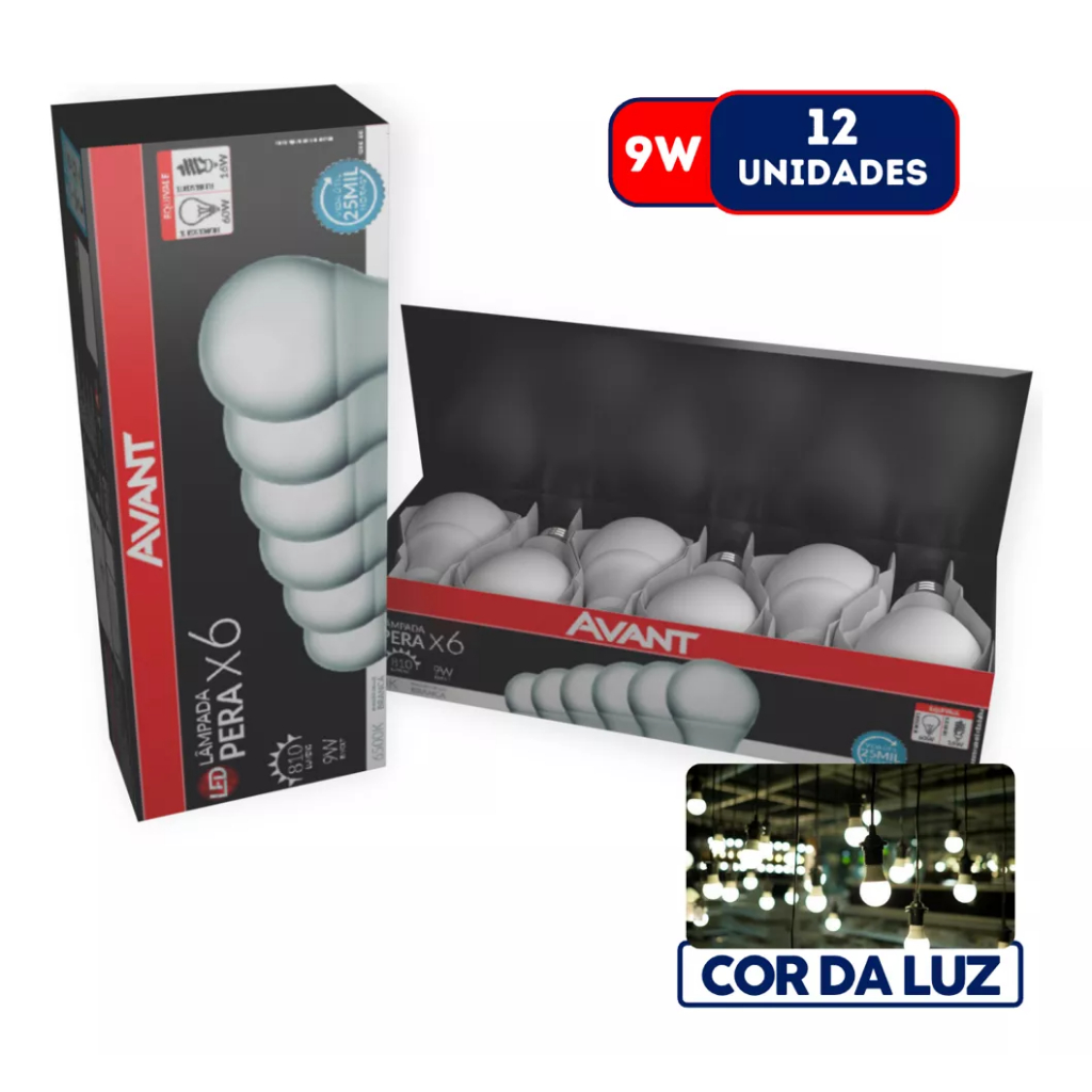 Kit 12 Lâmpadas Led 9w AVANT Pêra Bulbo 6500k Luz Branca E27 110v/220v - Faz a Boa!