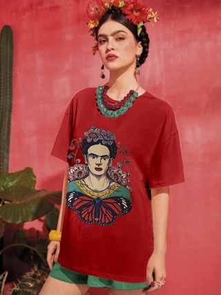 Camiseta Feminina Estampa Old School Frida Kahlo Blusa confortável estilo T-shirt Gola Redonda ...