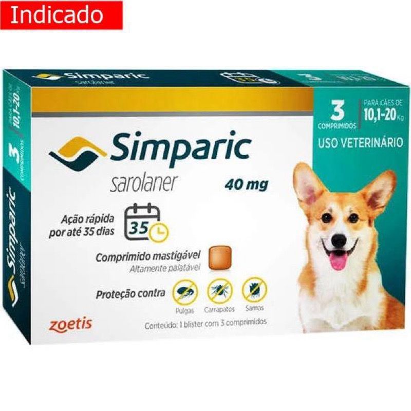 Antiparasitário Simparic 40mg - 3 Comprimidos para Cães de 10,1 a 20kg ...