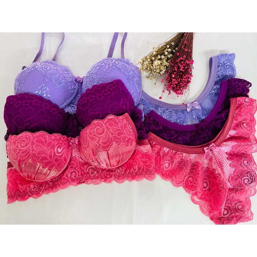Kit 3 Conjuntos Lingerie Calcinha De Renda + Sutiã Com Bojo Bolha ...
