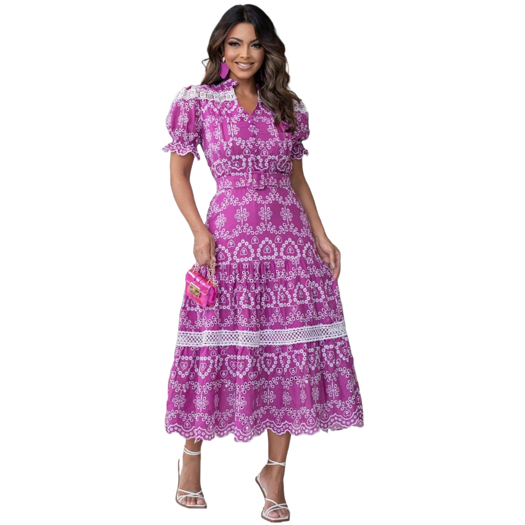 Vestido Midi Sandra Babados Manga Princesa Renda Laise Festa Luxo ...