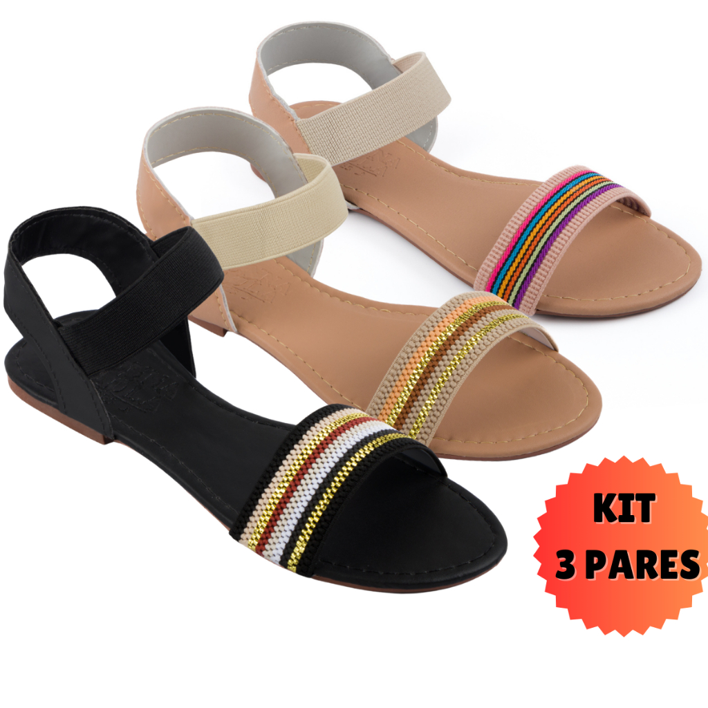Sandália Rasteirinha Feminina Rasteira Confortável Colorida Kit 3 Pares Verão Calce Fácil ...