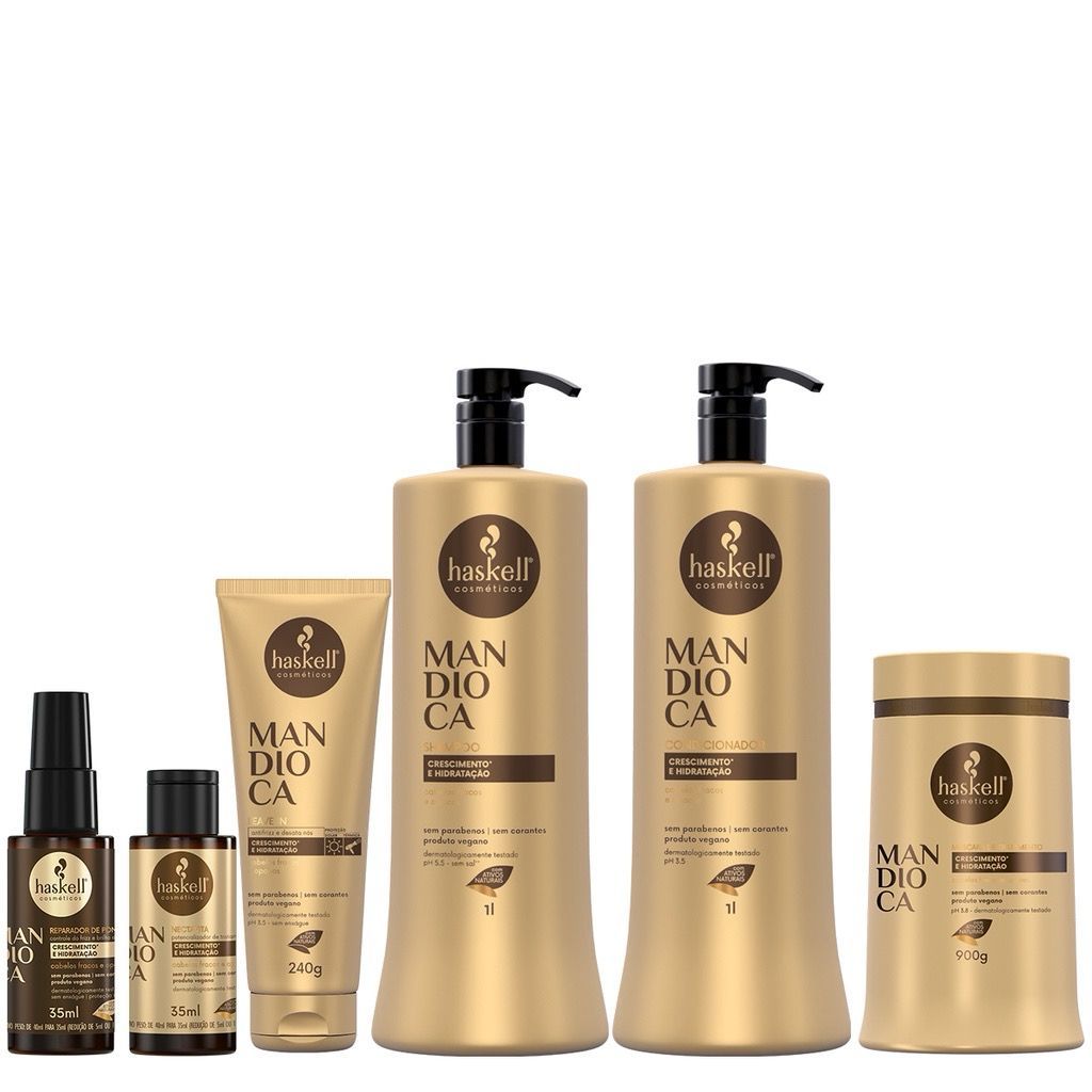 Kit Mandioca Haskell 6 Produtos - Shampoo 1 litro Condicionador 1 litro Mascara 900g Leavein ...