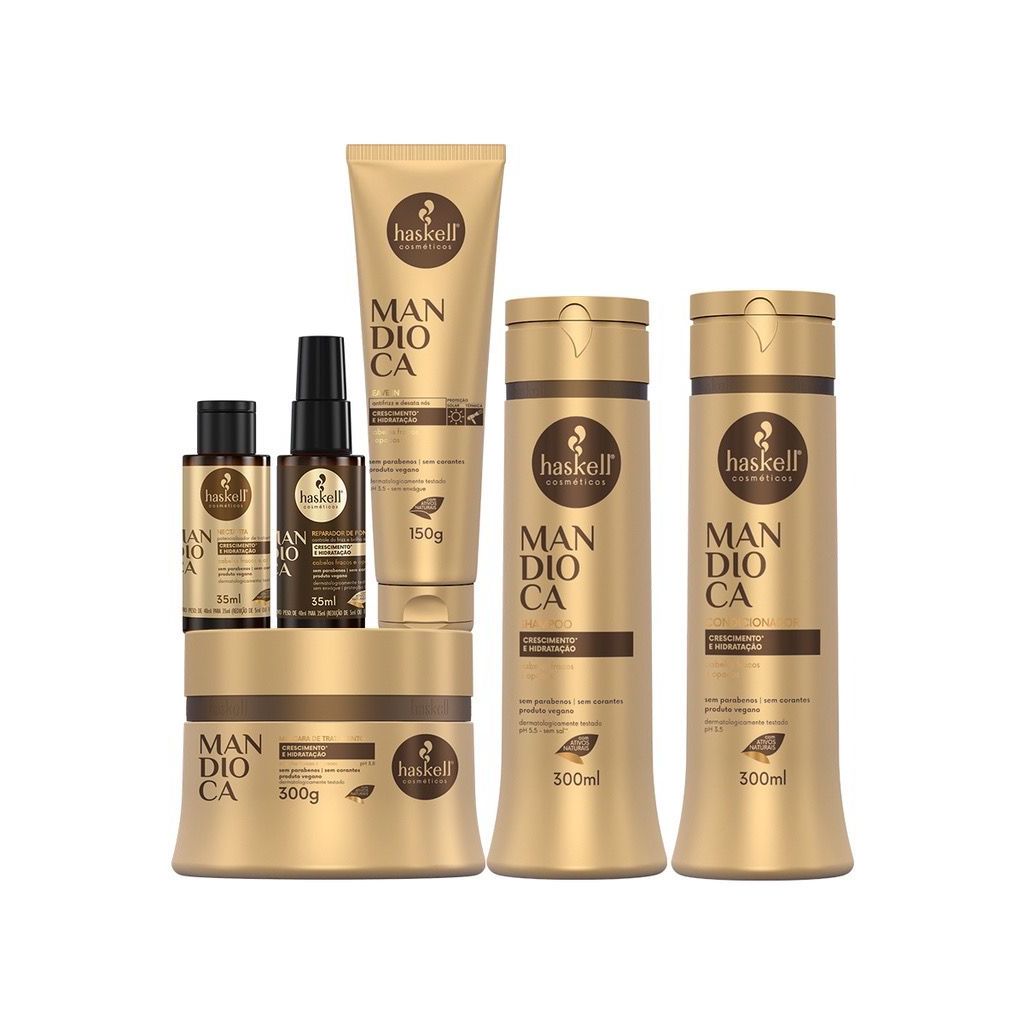 Kit Mandioca 6 Produtos Haskell Shampoo 300 ml Condicionador 300ml Mascara 300ml Leavein 150ml ...