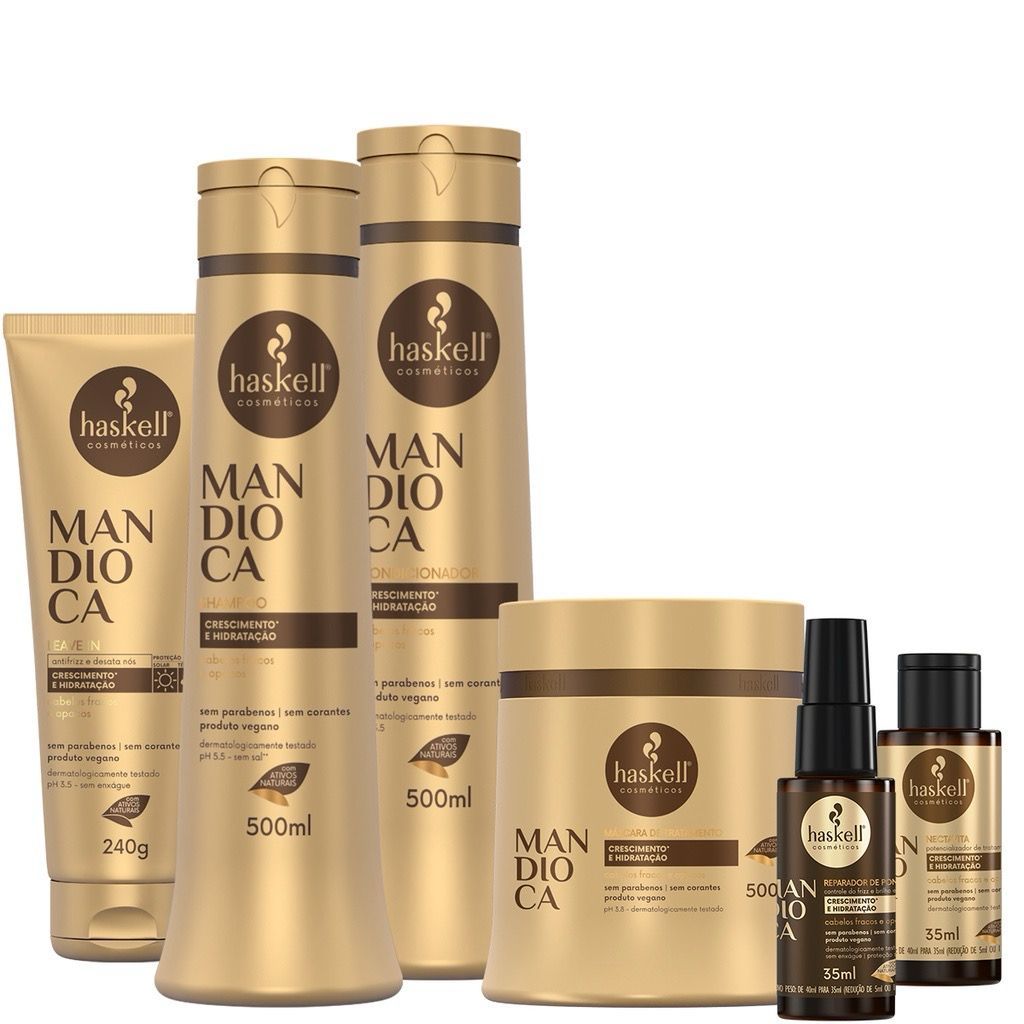 Kit Haskell Mandioca 6 Itens - Shampoo 500ml Condicionador 500ml Mascara 500g Leavein 240 ...