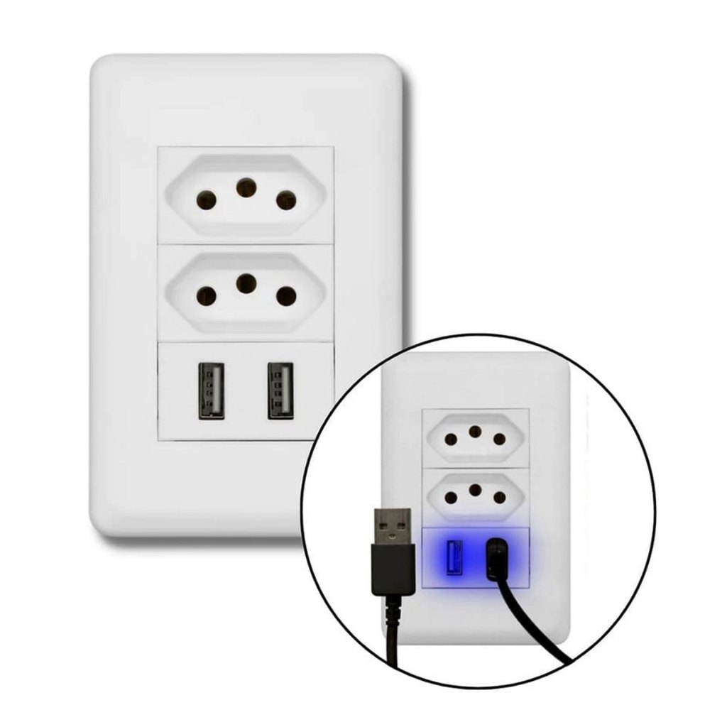 Tomada USB Universal Duo Com 2 USB e 2 Tomadas De Parede Bivolt ...