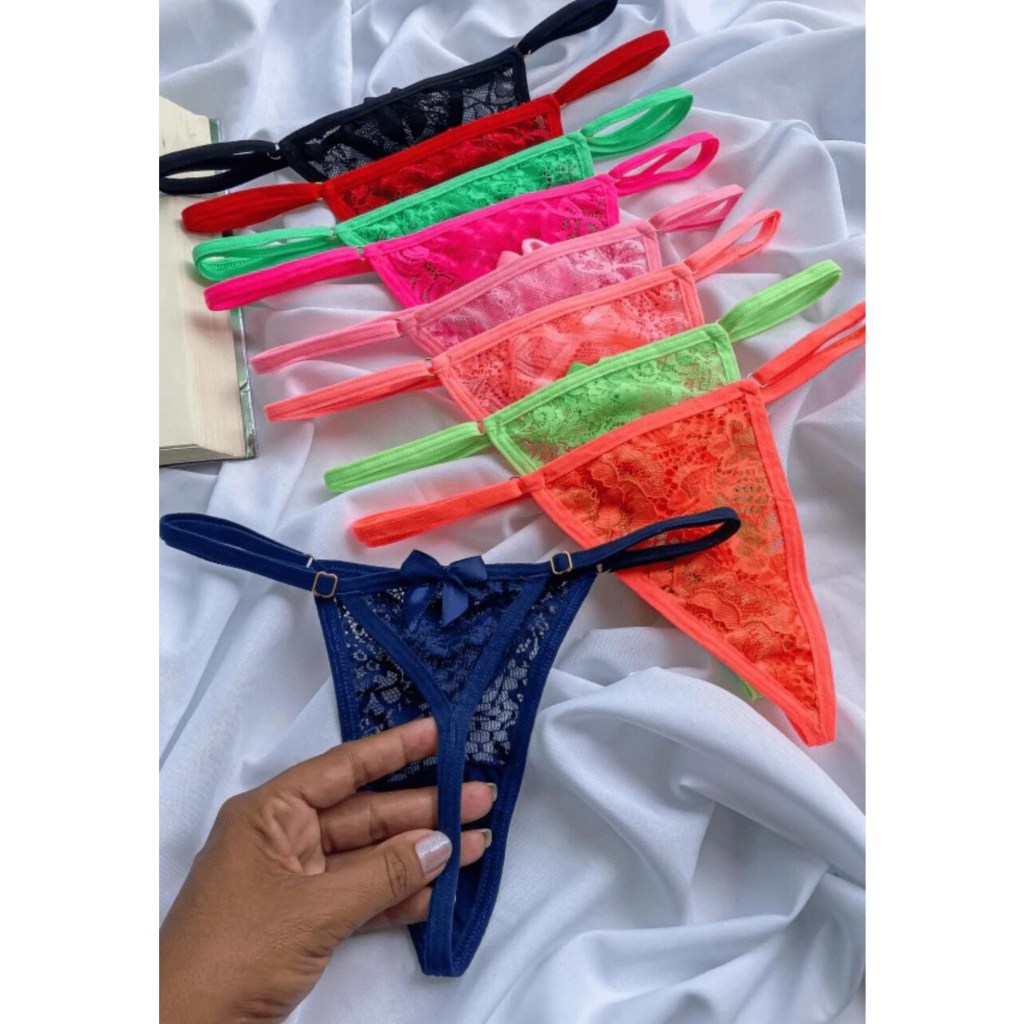 Kit 9 Tangas Sexy Em Renda Neon Com Regulagem Fio Dental Laço Sensual