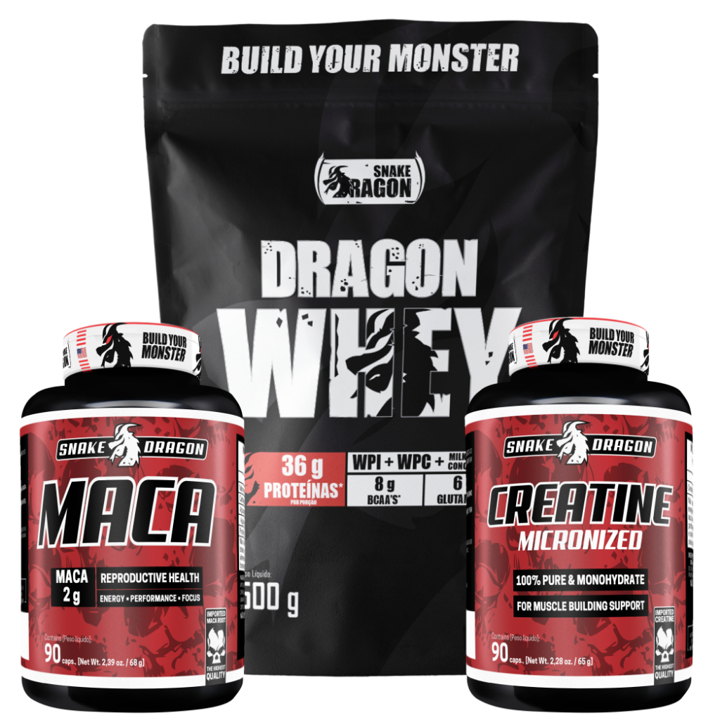 Kit Suplemento - Dragon Whey 500g + Creatina 100% Pura, 90 cáps + Maca ...