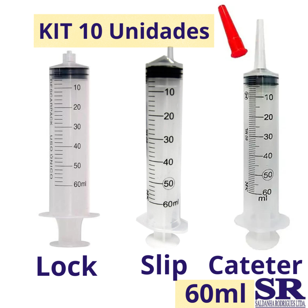 Seringa 60ml sem agulha bico Cateter, Luer Lock ou Slip (Kit 10 ...