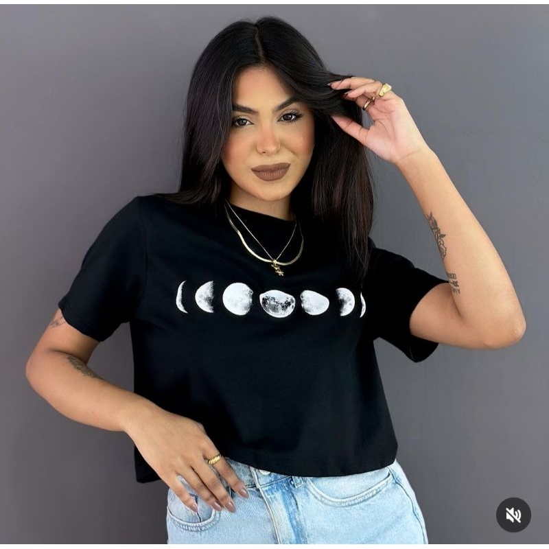 T-Shirt Cropped Feminino 100% Algodão Fases da Lua Preto | Shopee Brasil