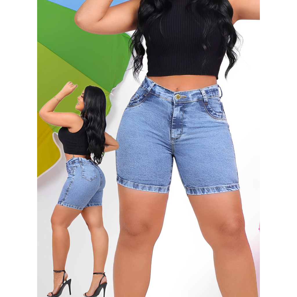 KIT Bermuda Jeans Feminina Meia Coxa Cintura Alta com Lycra Empina ...