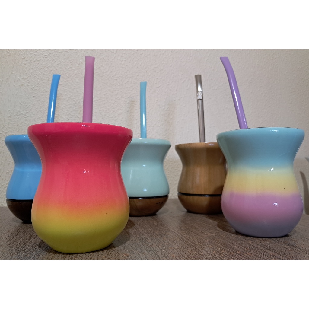 kit cuia e bomba para chimarrao de madeira imbuia colorida | Shopee Brasil