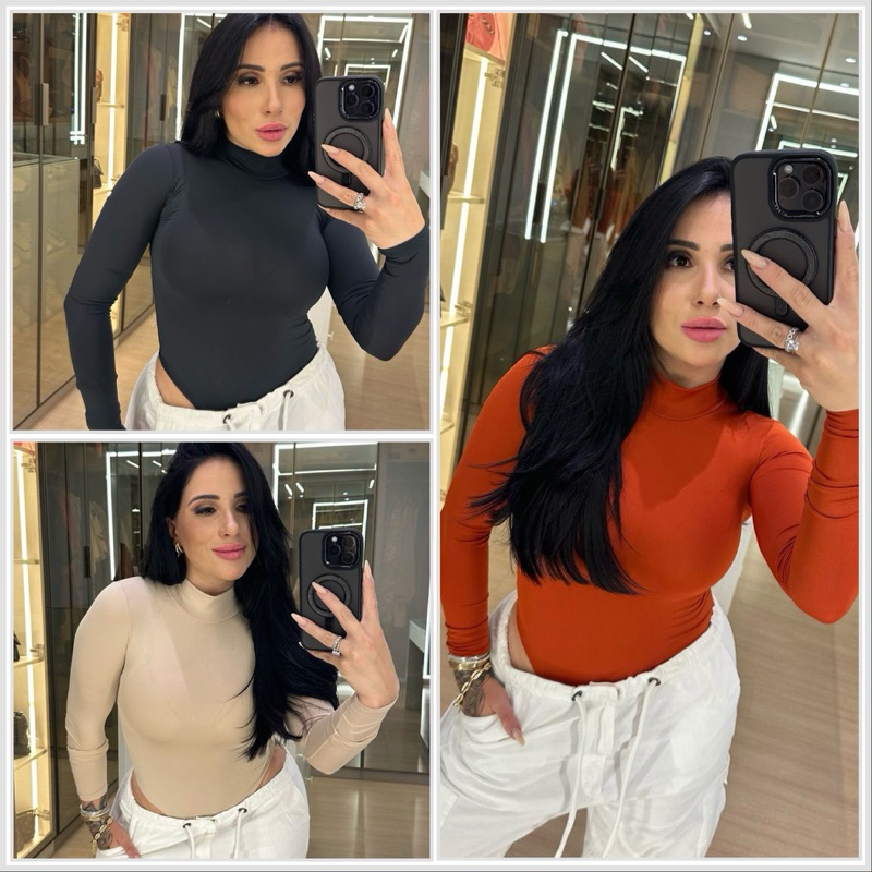 Body Bory Feminino manga longa gola alta camiseta suplex bori basico ...