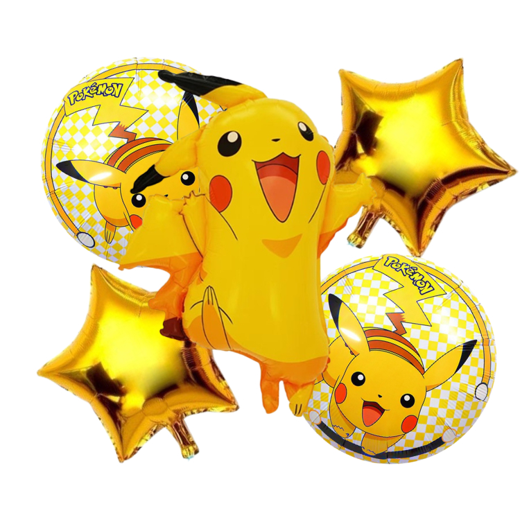 Kit 5 Balão Pokemon Pikachu 2 + Pikachu Redondo+ Estrela Metalizados ...